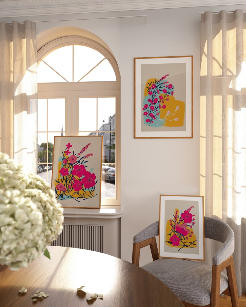 Printable Set of 3 Hand Drawn Meadow Flowers Posters | Modern Vibrant ...