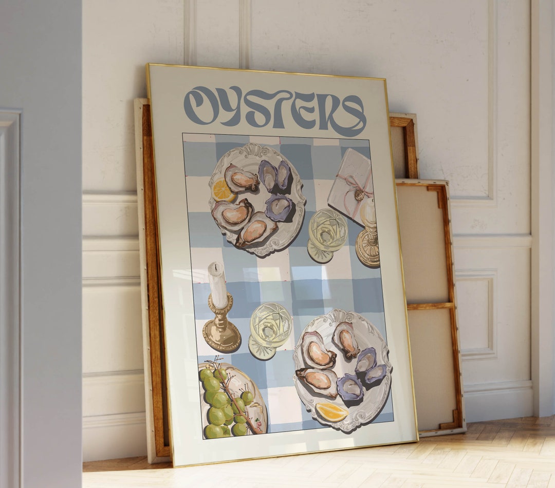 Modern Blue Oysters Hand Drawn Poster | Sea Food Kitchen or Dining Room ...