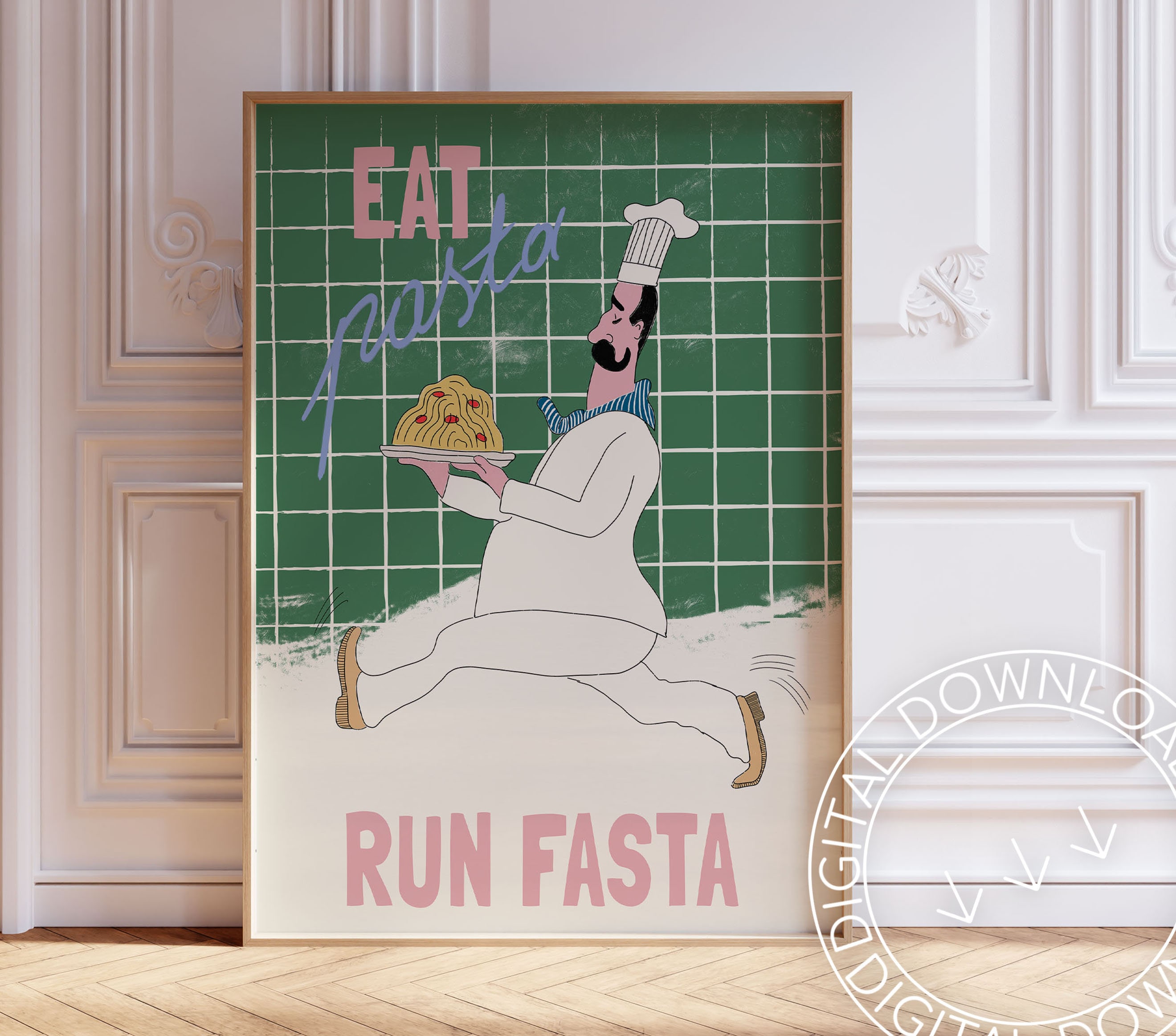 Printable Hand Drawn Italian Pasta Poster | Eat Pasta Run Fasta | Funny ...