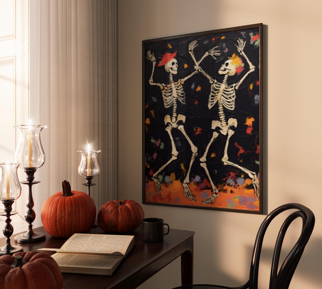 Printable Halloween Dancing Skeletons | Digital Textured Painting Print ...