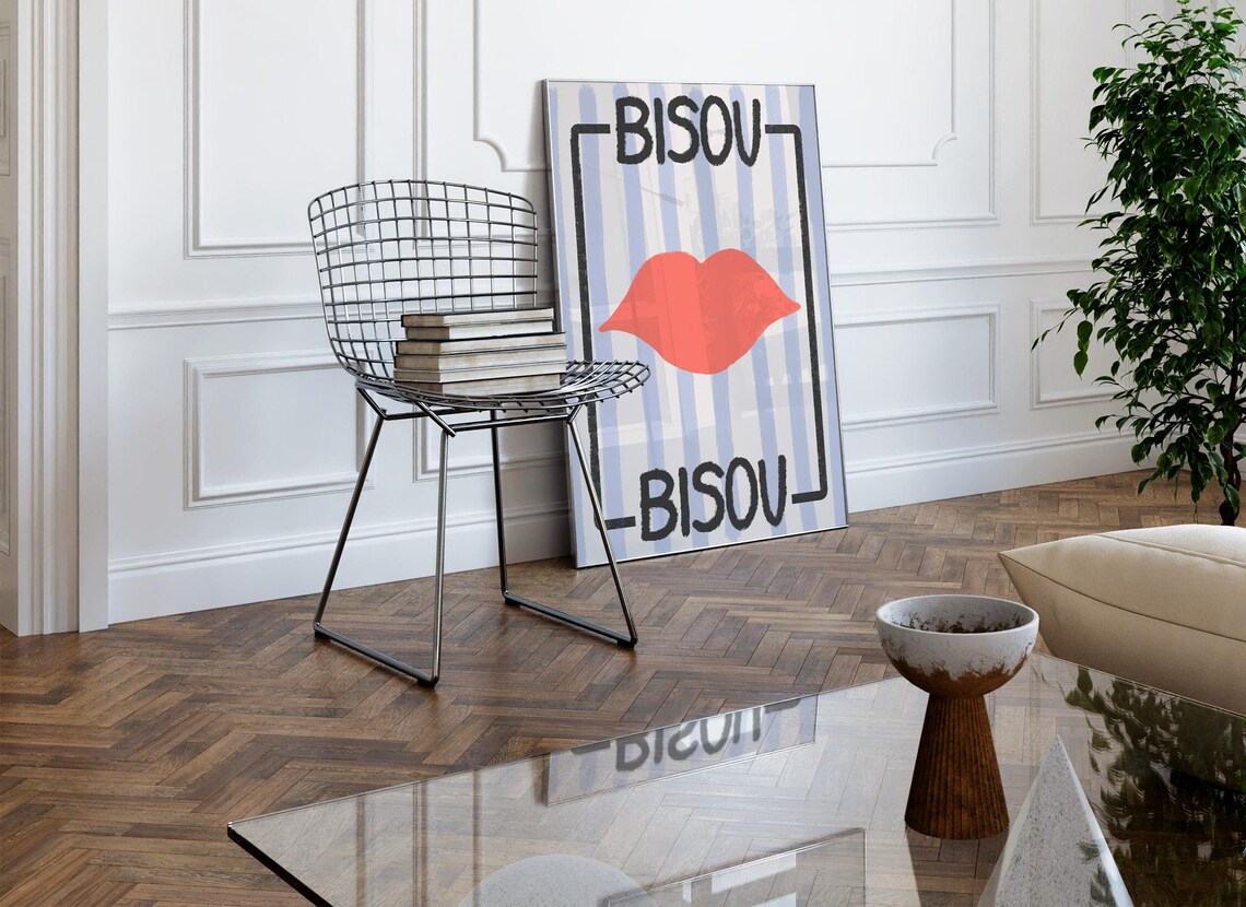 Printable Bisou Bisou Quote French Kisses Poster Romantic Red Lips ...