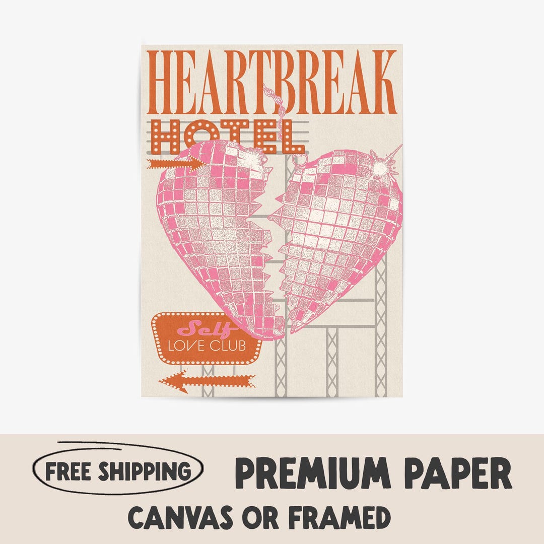 Heartbreak Hotel Poster | Pink Disco Heart, Self Love Club - Etsy