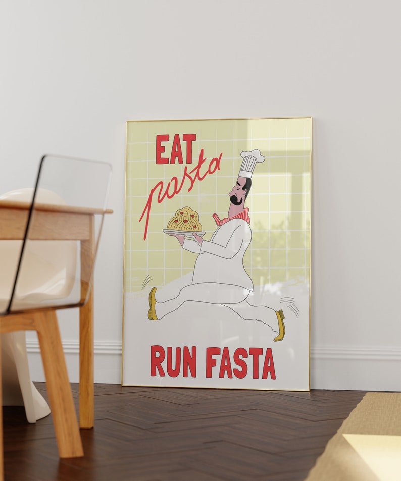 Printable Hand Drawn Italian Pasta Poster | Eat Pasta Run Fasta | Funny ...