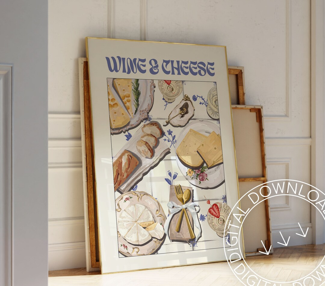 Printable Wine and Cheese Hand Drawn Poster | French Food Kitchen or ...