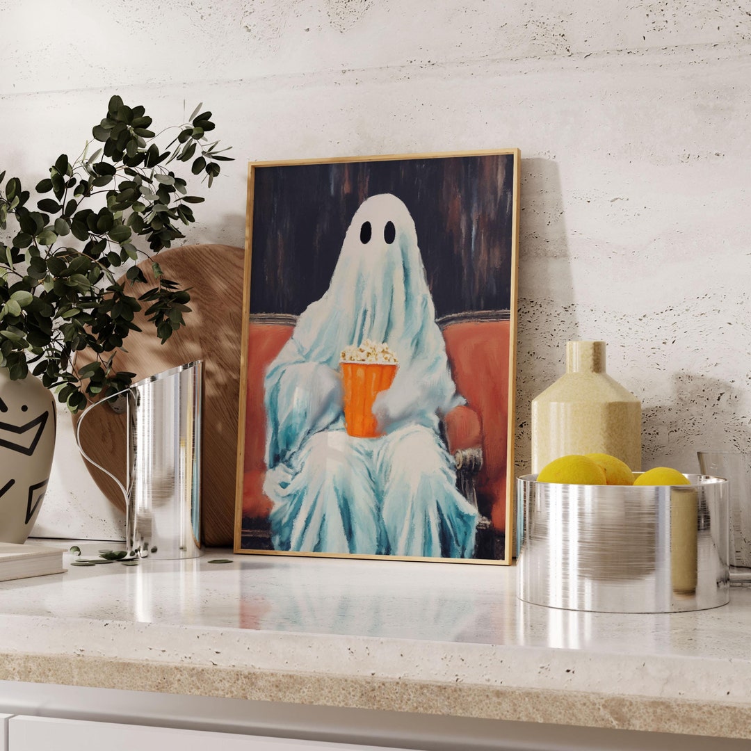 Printable Halloween Ghost Eating Popcorn Digital Textured Painting ...