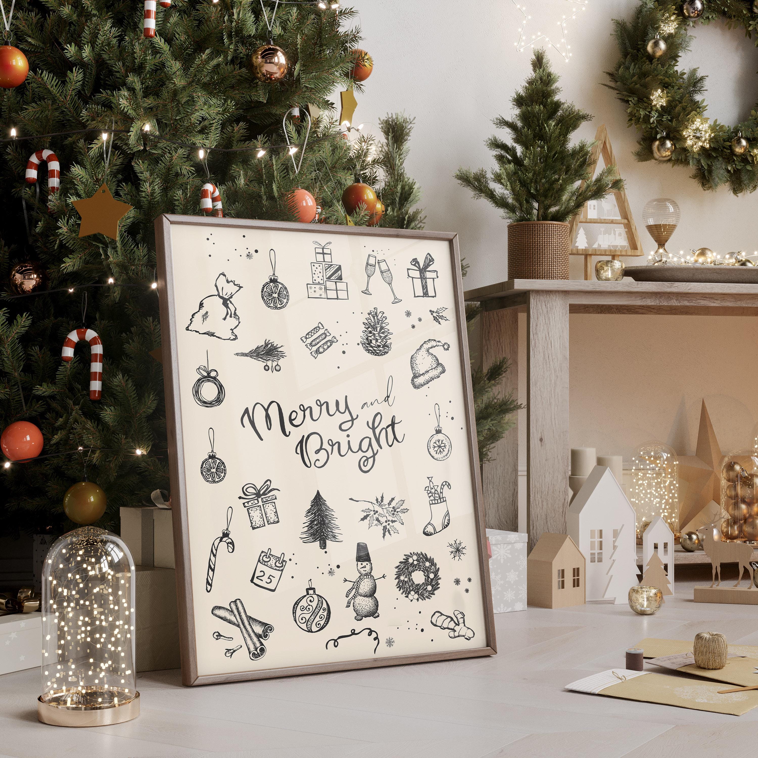Printable Merry and Bright Hand Drawn Poster | Santa Claus Christmas ...