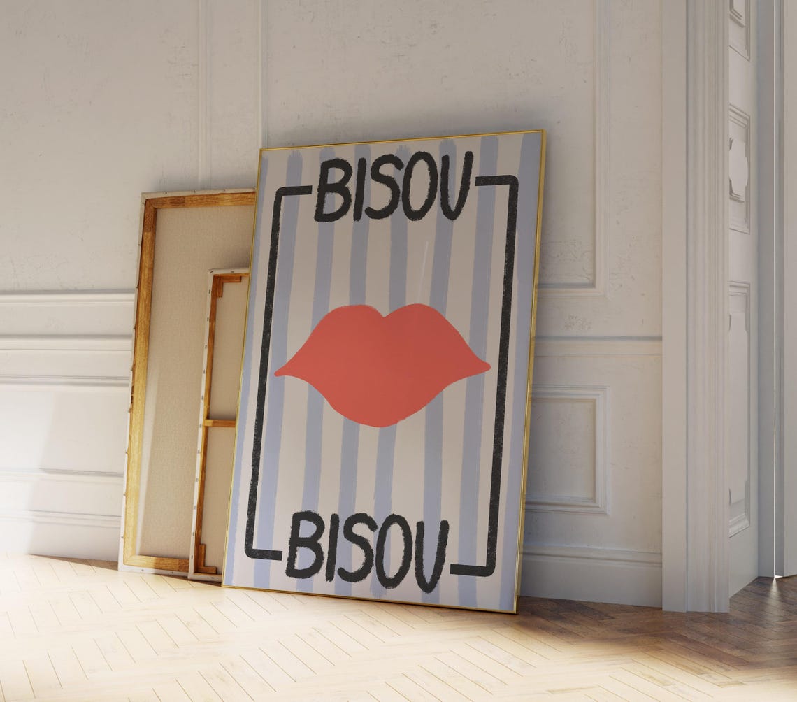 Printable Bisou Bisou Quote French Kisses Poster Romantic Red Lips Modern Blue Red Typography ...