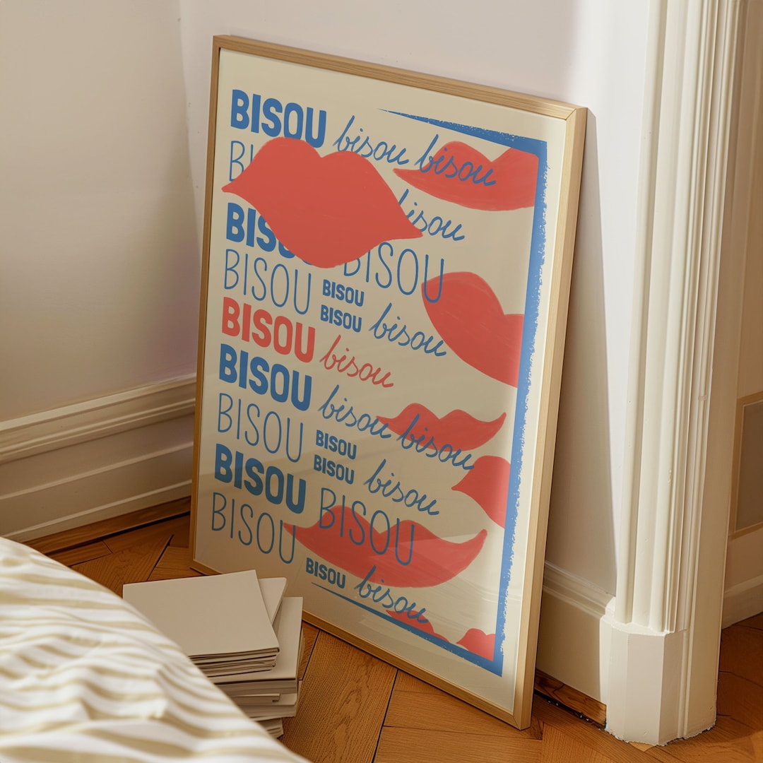 Bisou Bisou Quote French Kisses Print Romantic Pastel Lips Modern Blue ...