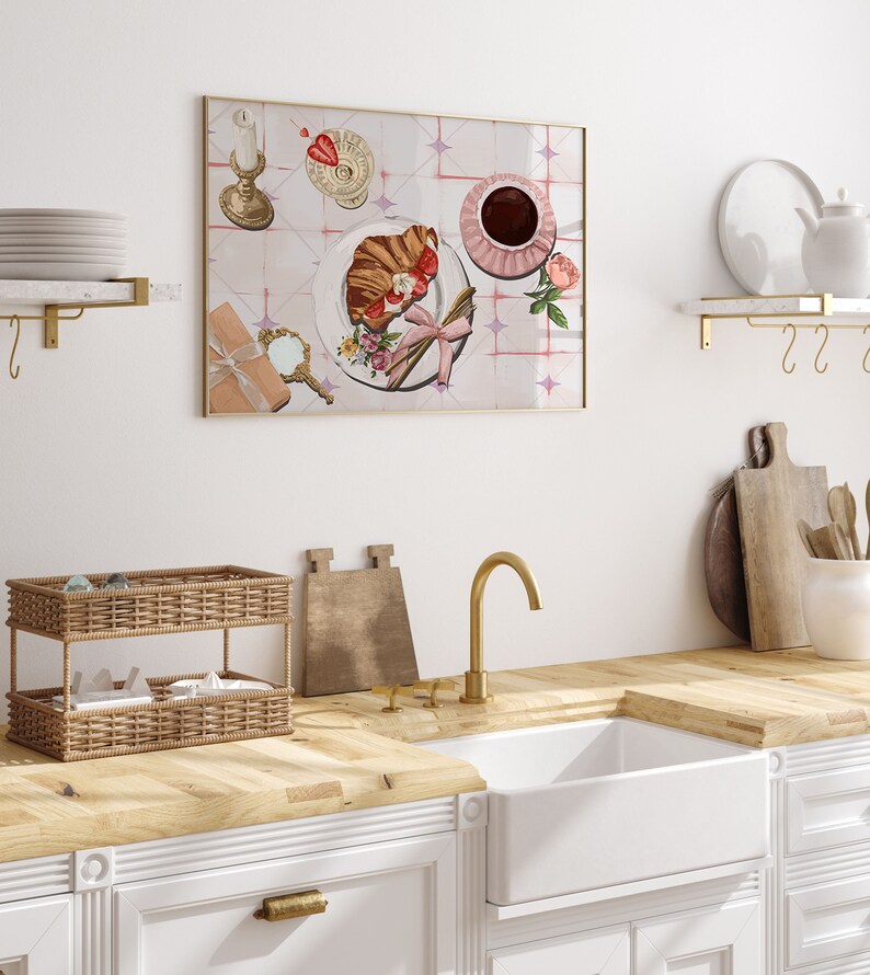 Printable French Croissant Coffee and Wine Horizontal Poster | Kitchen ...