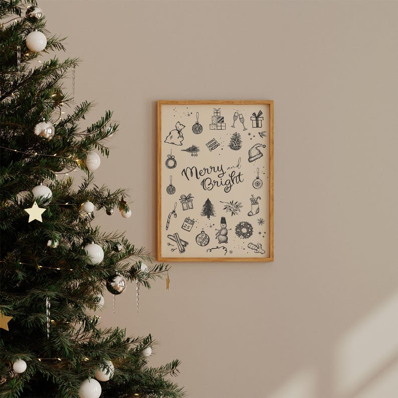 Printable Merry and Bright Hand Drawn Poster | Santa Claus Christmas ...
