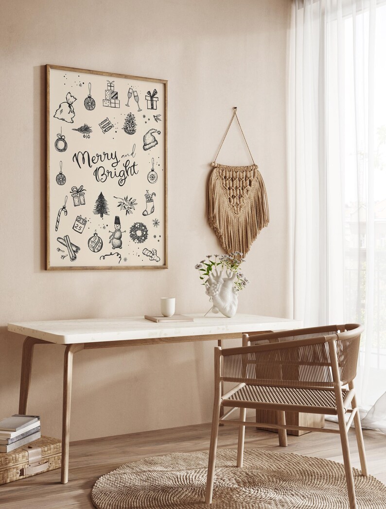 Printable Merry and Bright Hand Drawn Poster | Santa Claus Christmas ...