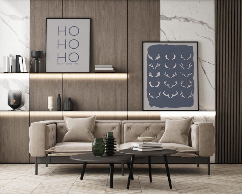 Conjunto de pôsteres de Natal azul-marinho | Estampa "Ho Ho Ho" e renas ...