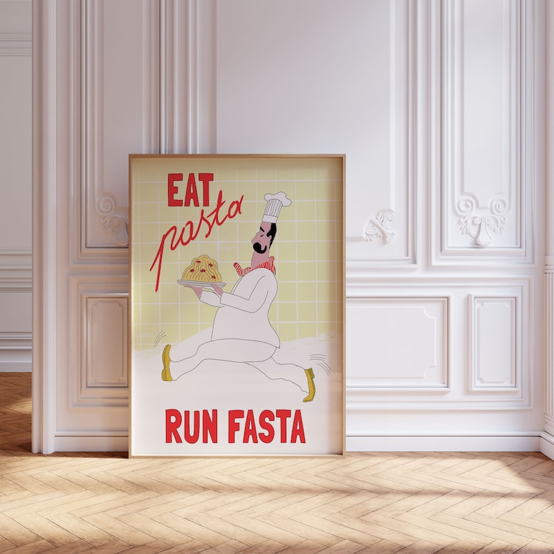Printable Hand Drawn Italian Pasta Poster | Eat Pasta Run Fasta | Funny ...