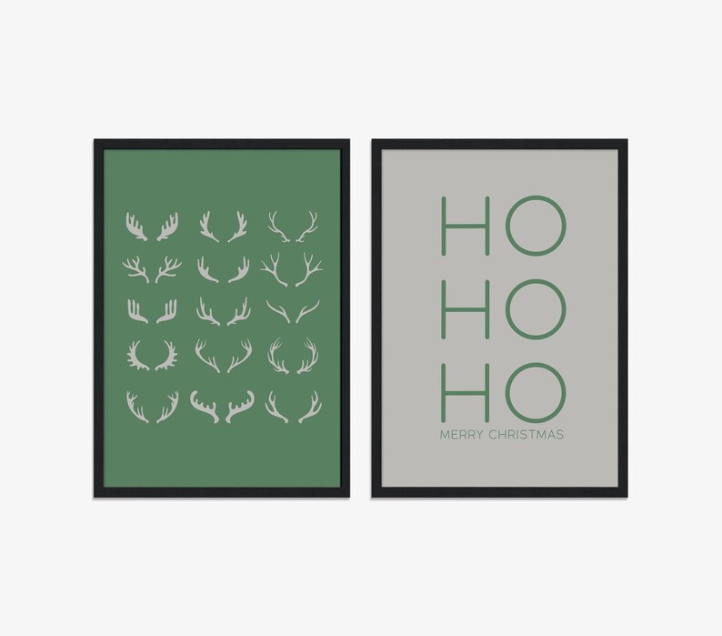 Conjunto de pôsteres de Natal | Chifres de rena verdes, frase 'Ho Ho Ho ...