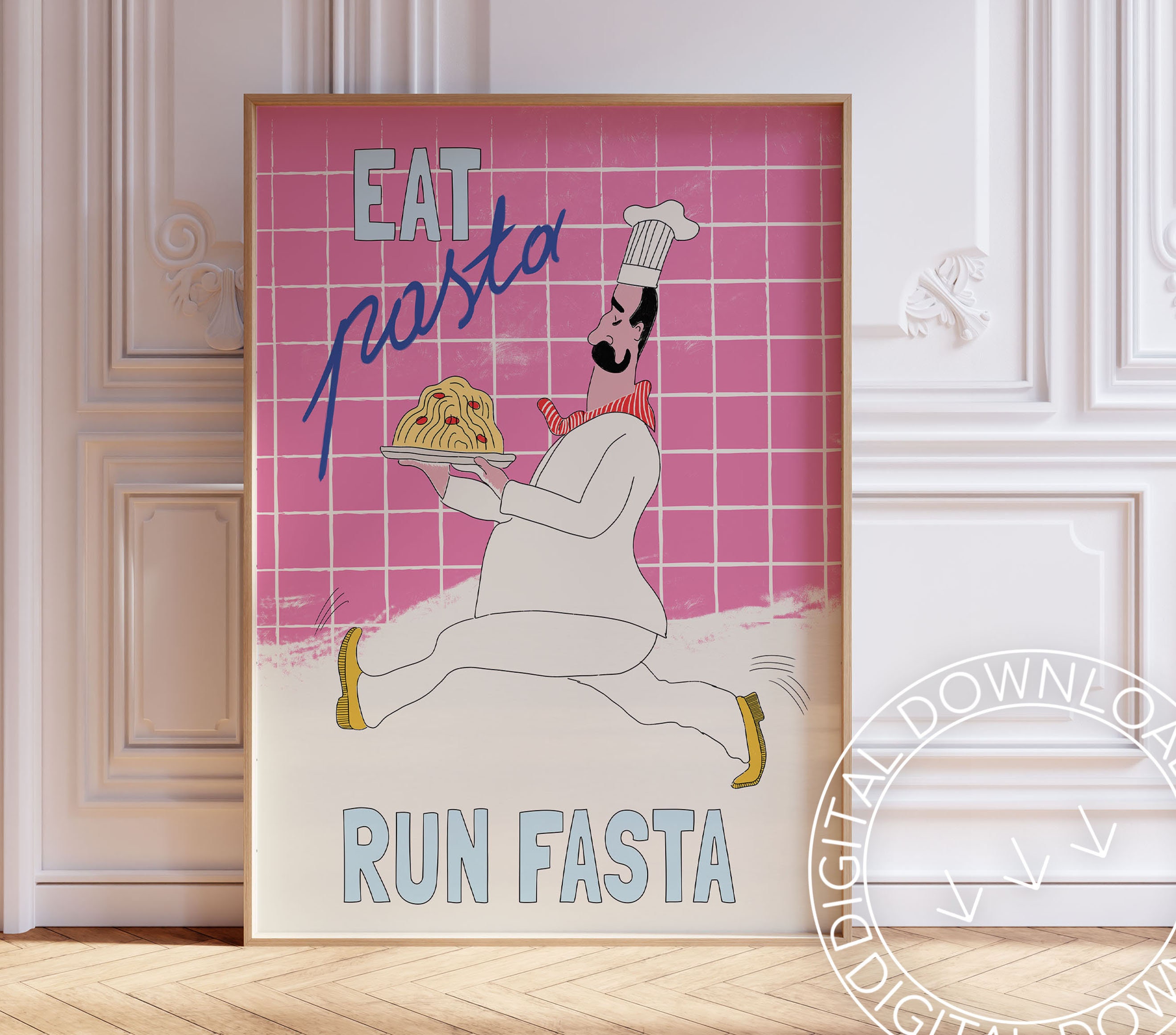 Printable Hand Drawn Italian Pasta Poster | Eat Pasta Run Fasta | Funny ...