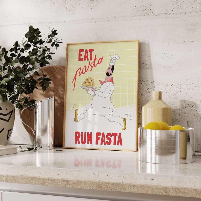 Printable Hand Drawn Italian Pasta Poster | Eat Pasta Run Fasta | Funny ...