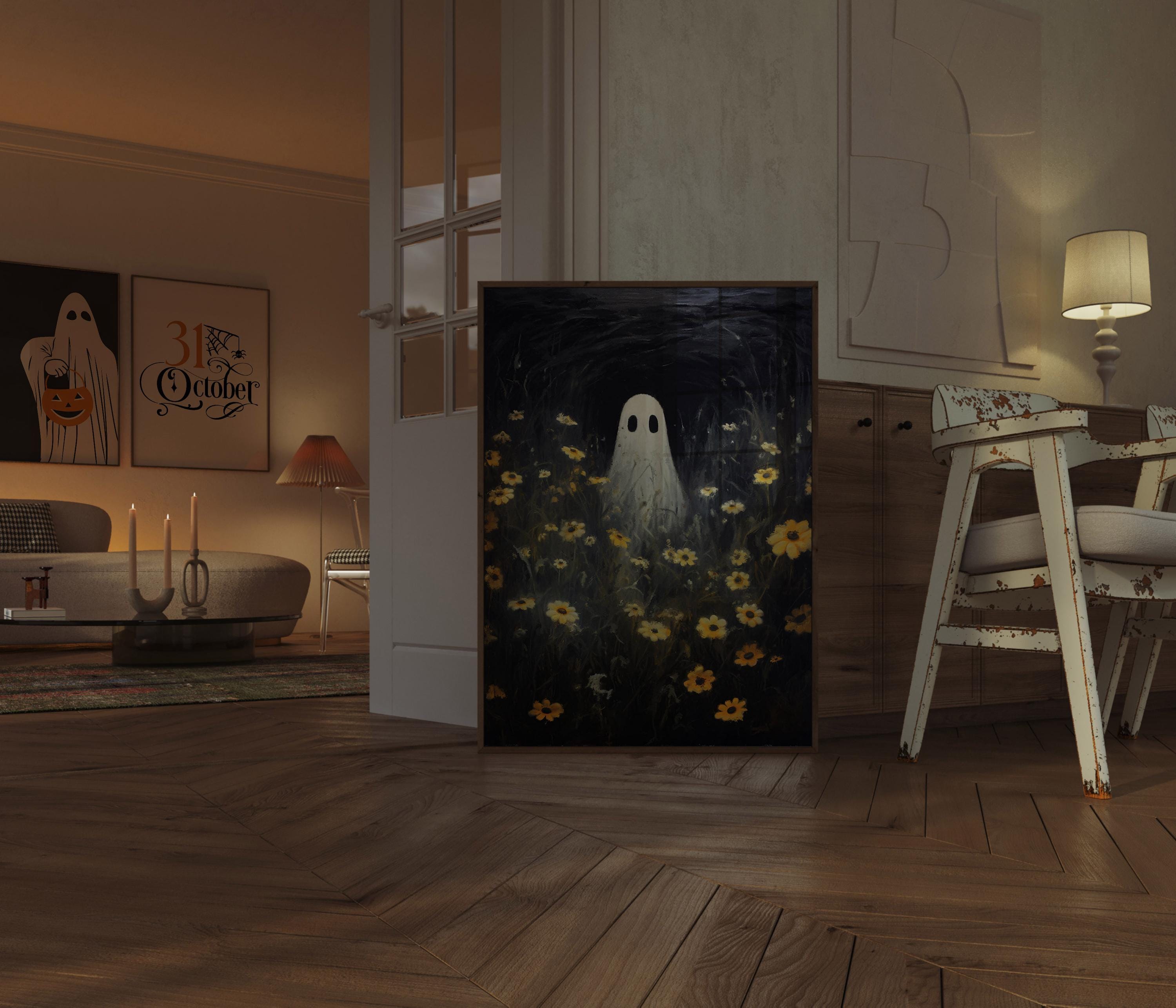 Halloween Ghost Print | Textured Meadow Painting, Spooky Season ...