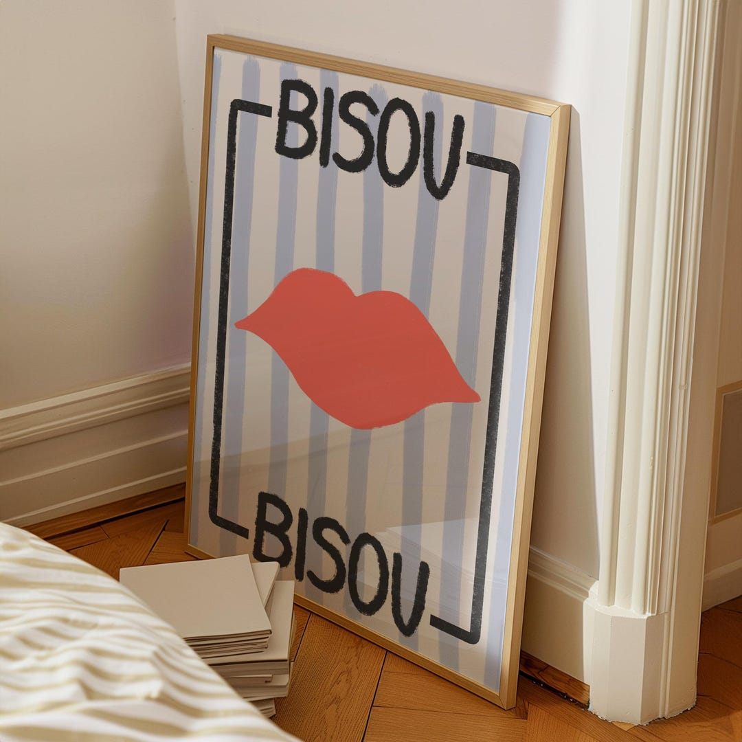 Printable Bisou Bisou Quote French Kisses Poster | Romantic Red Lips ...