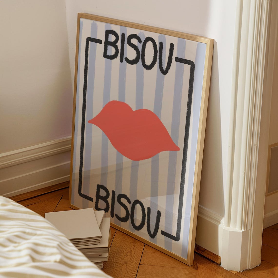 Printable Bisou Bisou Quote French Kisses Poster Romantic Red Lips Modern Blue Red Typography ...