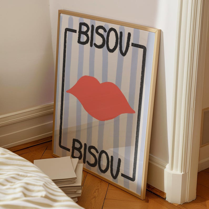 Printable Bisou Bisou Quote French Kisses Poster Romantic Red Lips Modern Blue Red Typography ...