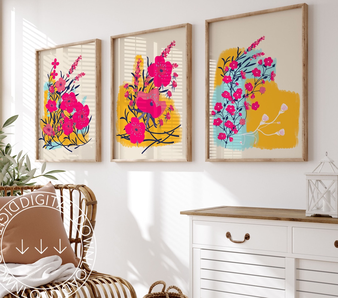Printable Set of 3 Hand Drawn Meadow Flowers Posters | Modern Vibrant ...