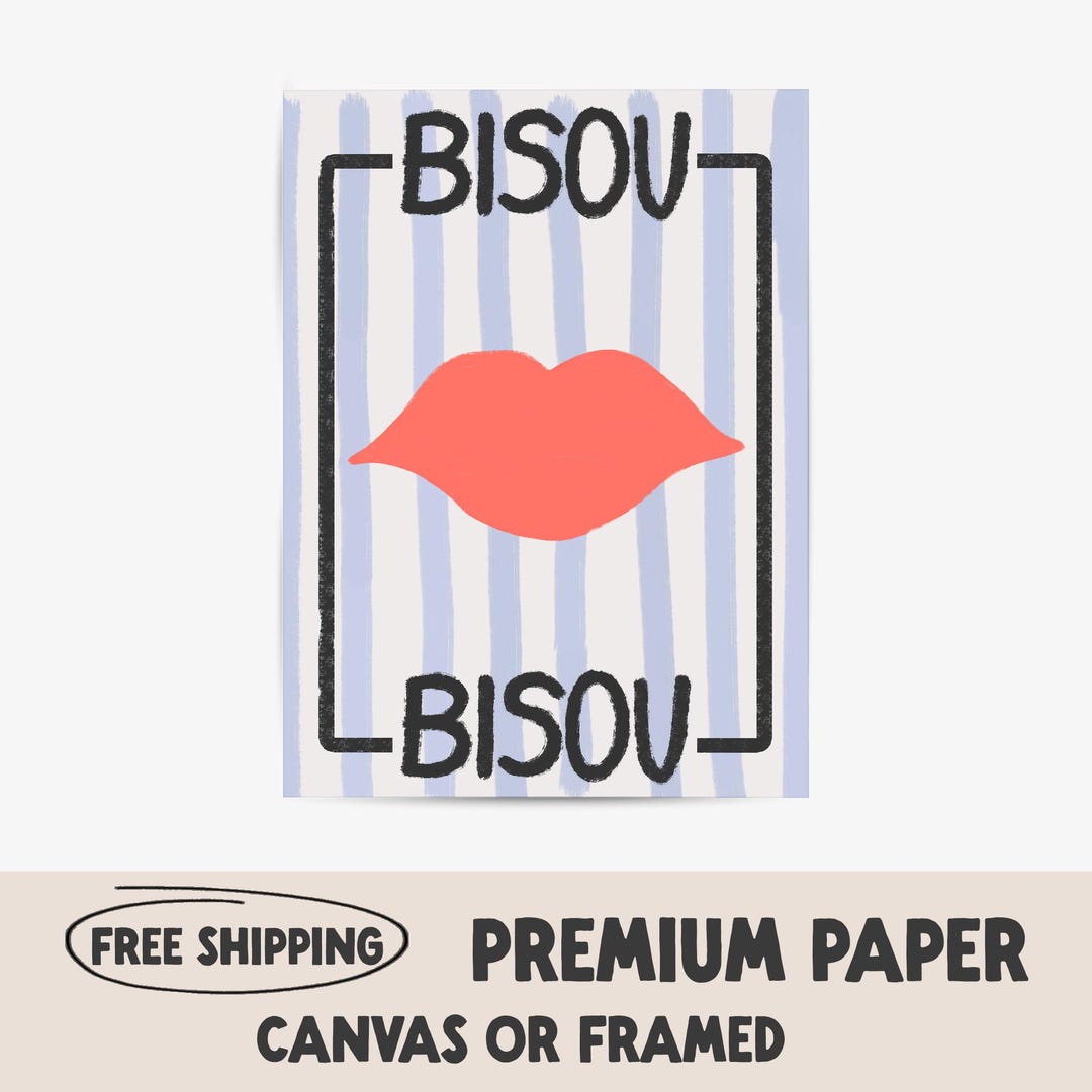 Bisou Bisou Quote French Kisses Print | Romantic Red Lips | Modern Blue Red Typography Wall Art ...