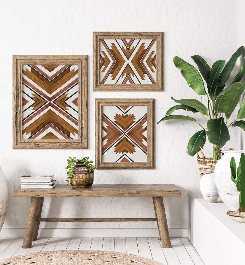 Aztec Wood Art Set of 3, Geometric Wall Art, Boho Living Room Print ...