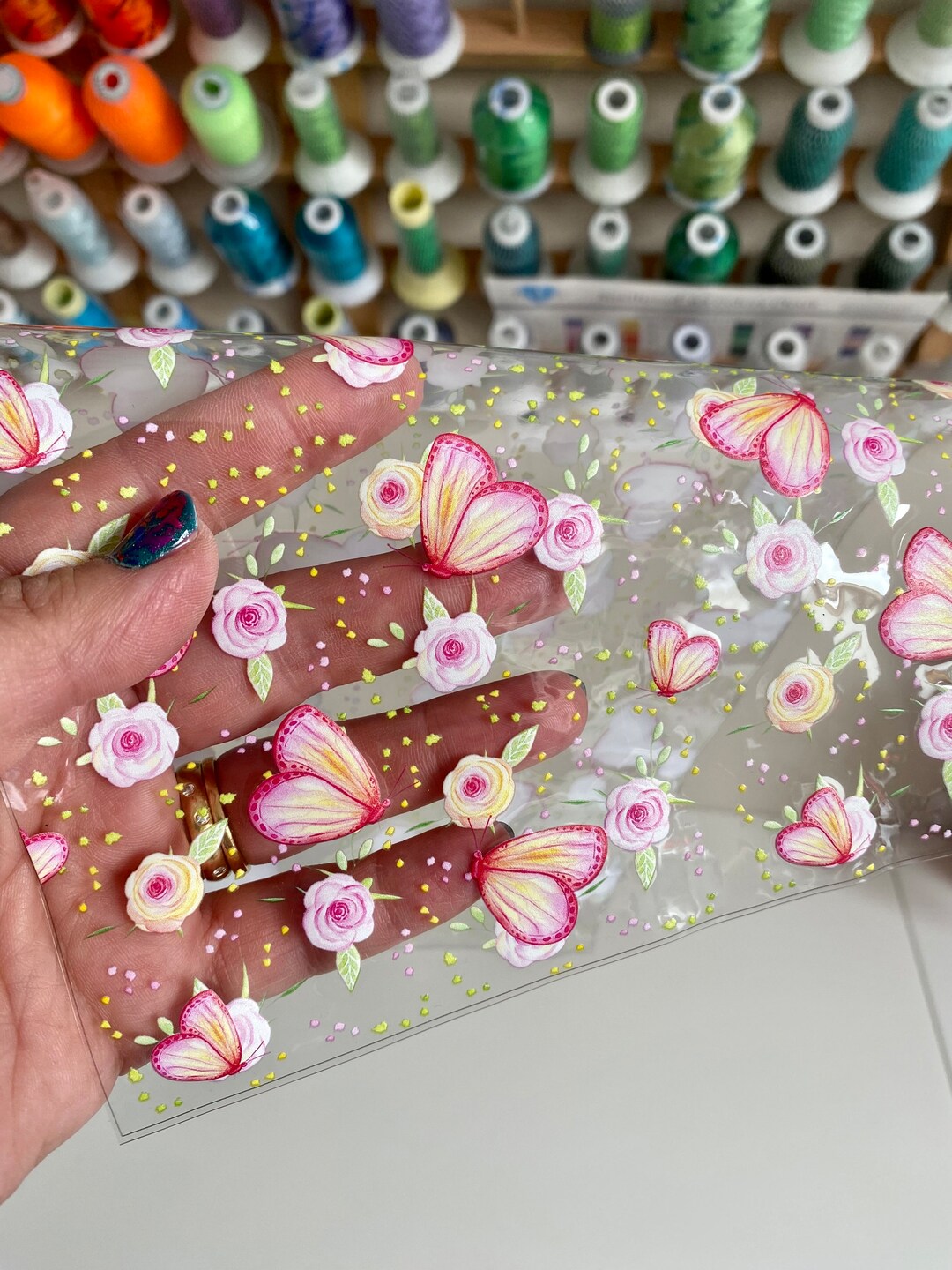 Butterfly & Flowers Clear Jelly Vinyl Sheet, Craft Supplies, Bag Making ...