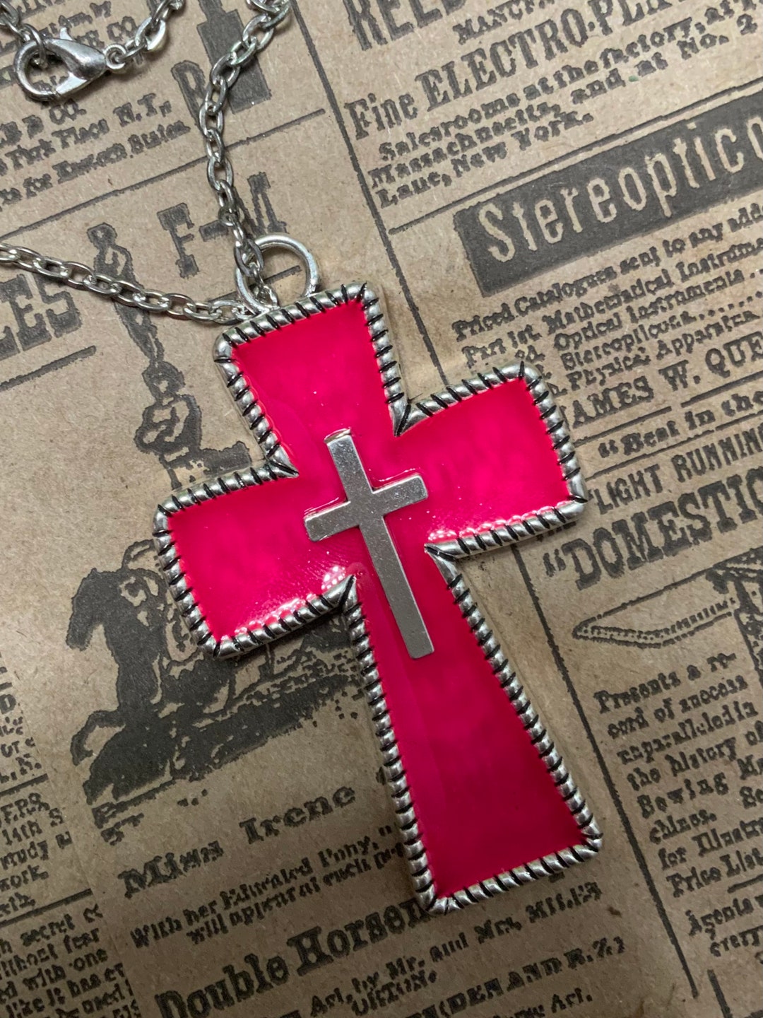 Rave Girl Neon Pink Cross Pendant Jewelry Rave Cosplay Dress up Cross ...