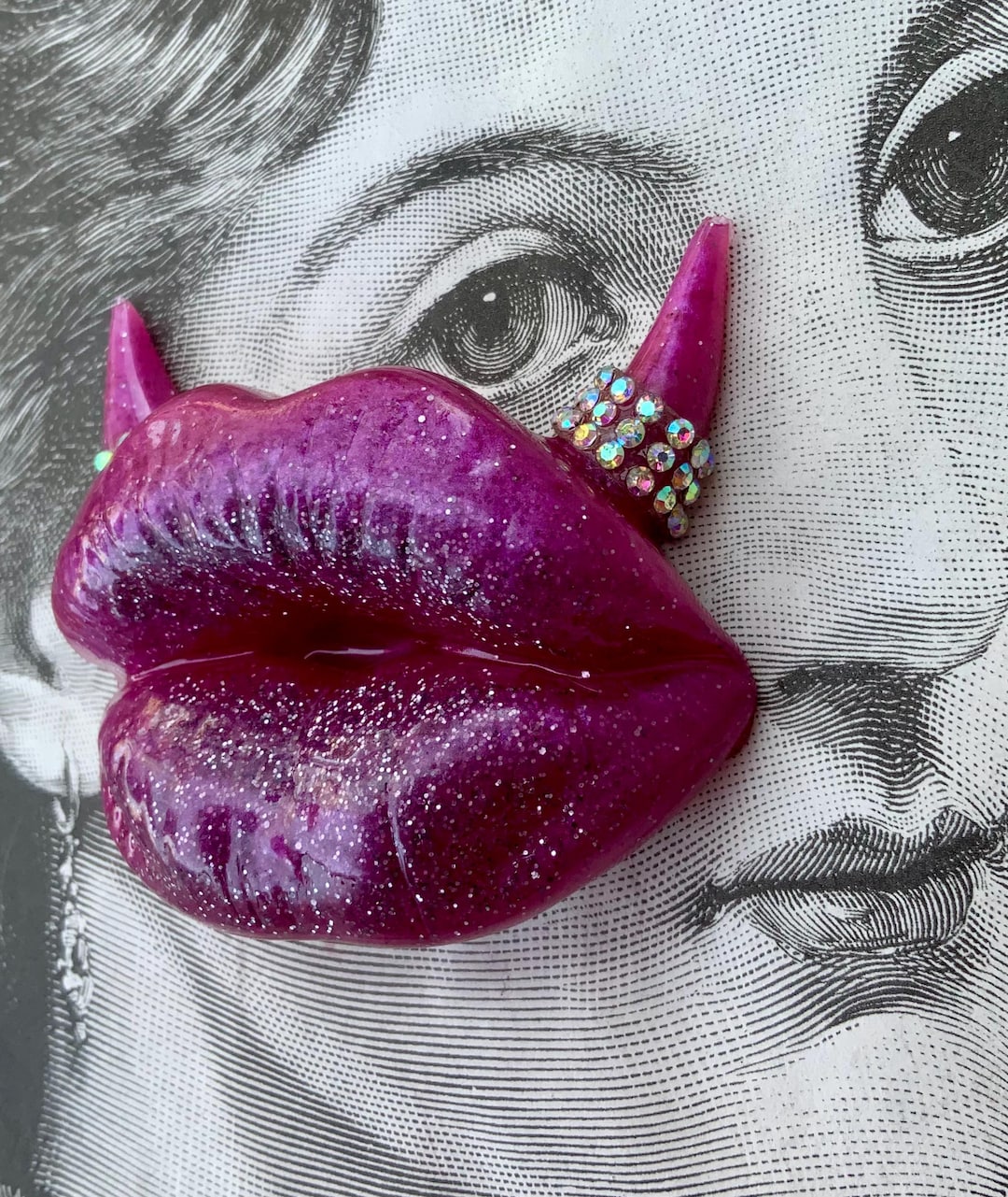 Purple Glitter Lips Magnet: Rhinestone Devil Horns, Handmade Resin Art ...
