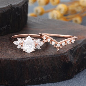 Pear Shaped Moissanite Engagement Ring Set Rose Gold Engagement Ring Vintage Marquise Diamond ...