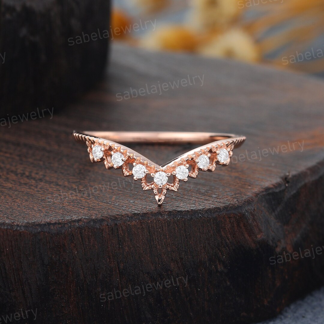 Moissanite Curved Wedding Band Rose Gold Diamond Wedding Band Vintage ...