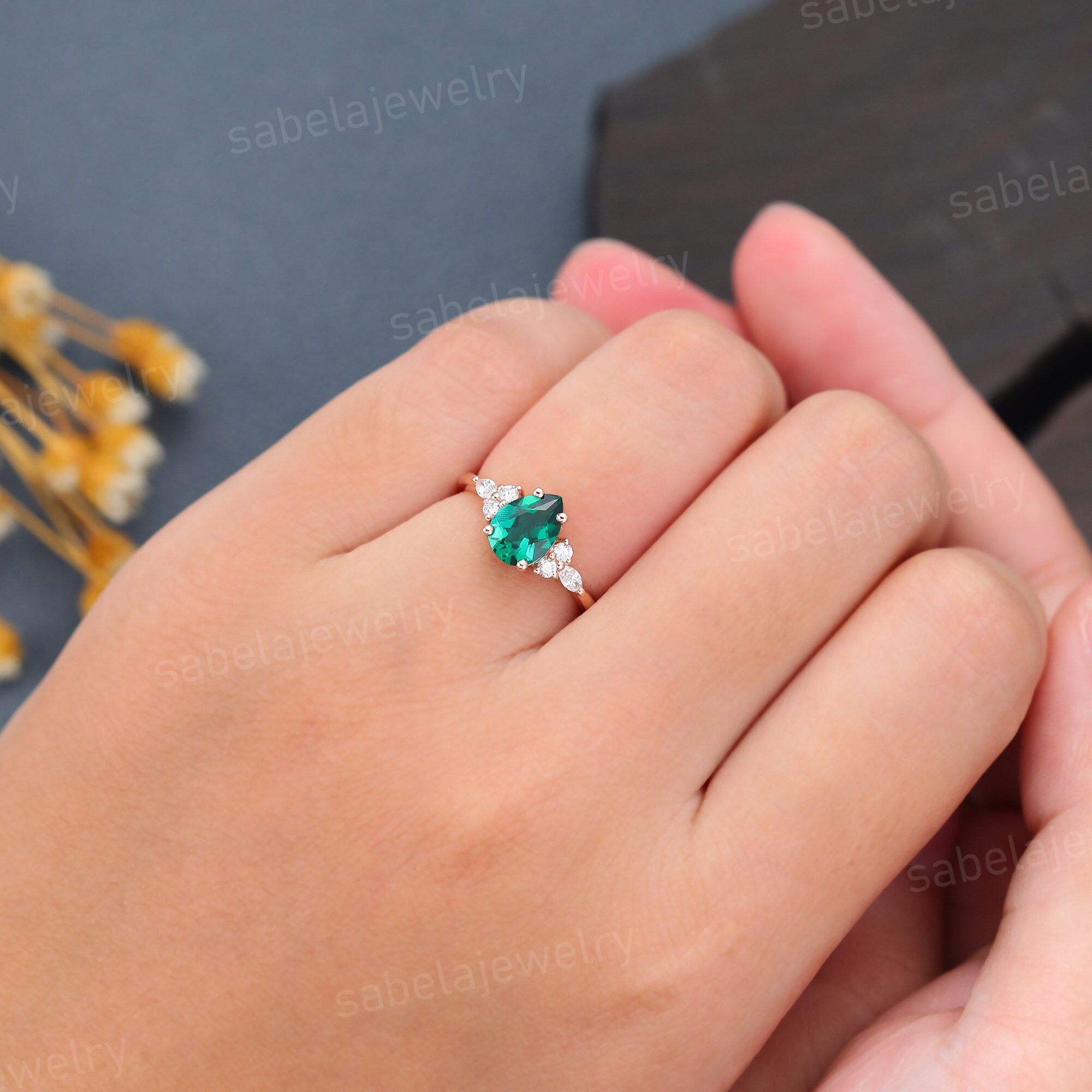 Pear Shaped Emerald Engagement Ring Vintage Rose Gold Teardrop Emerald ...