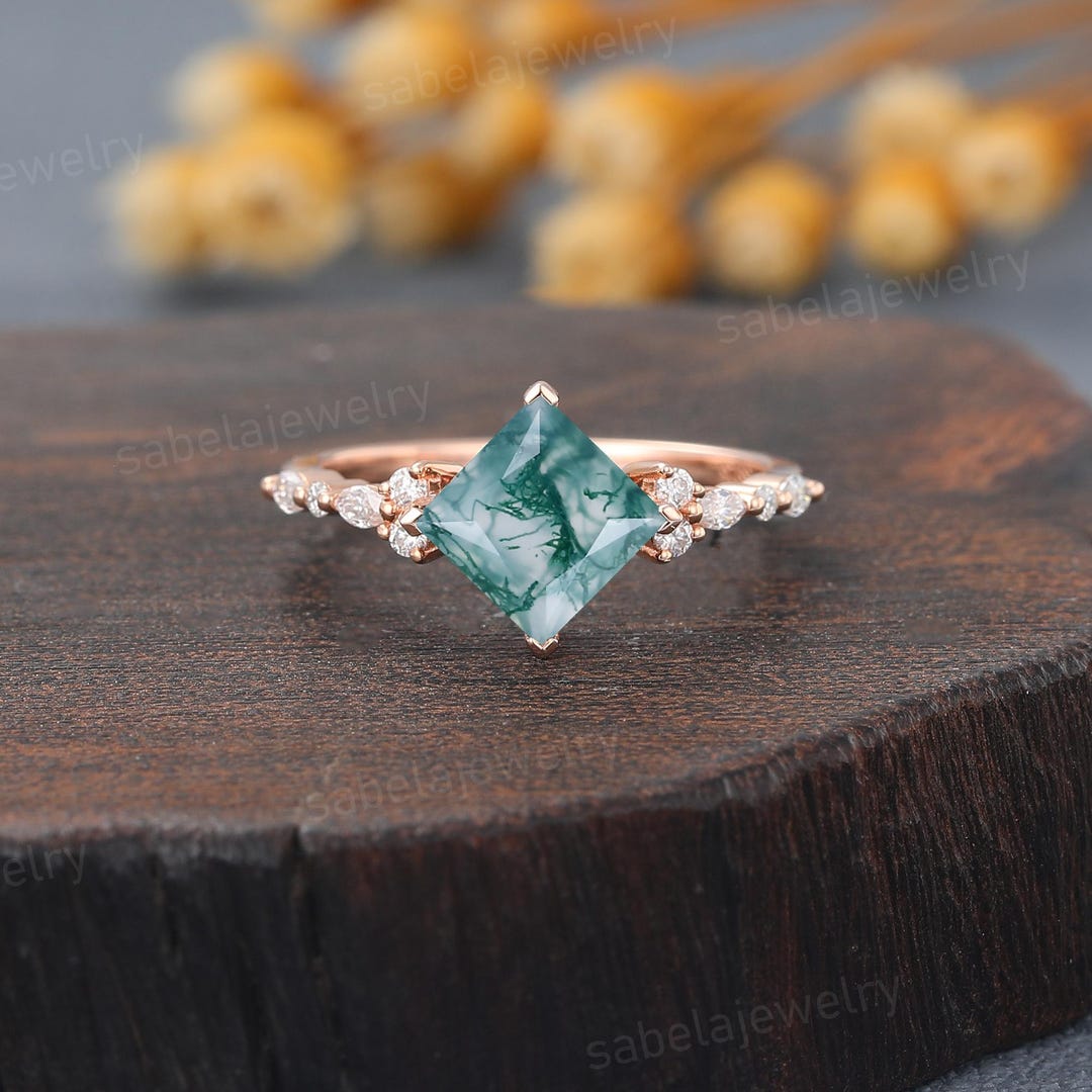 Princess Cut Moss Agate Engagement Ring Vintage Rose Gold Pave Diamond ...