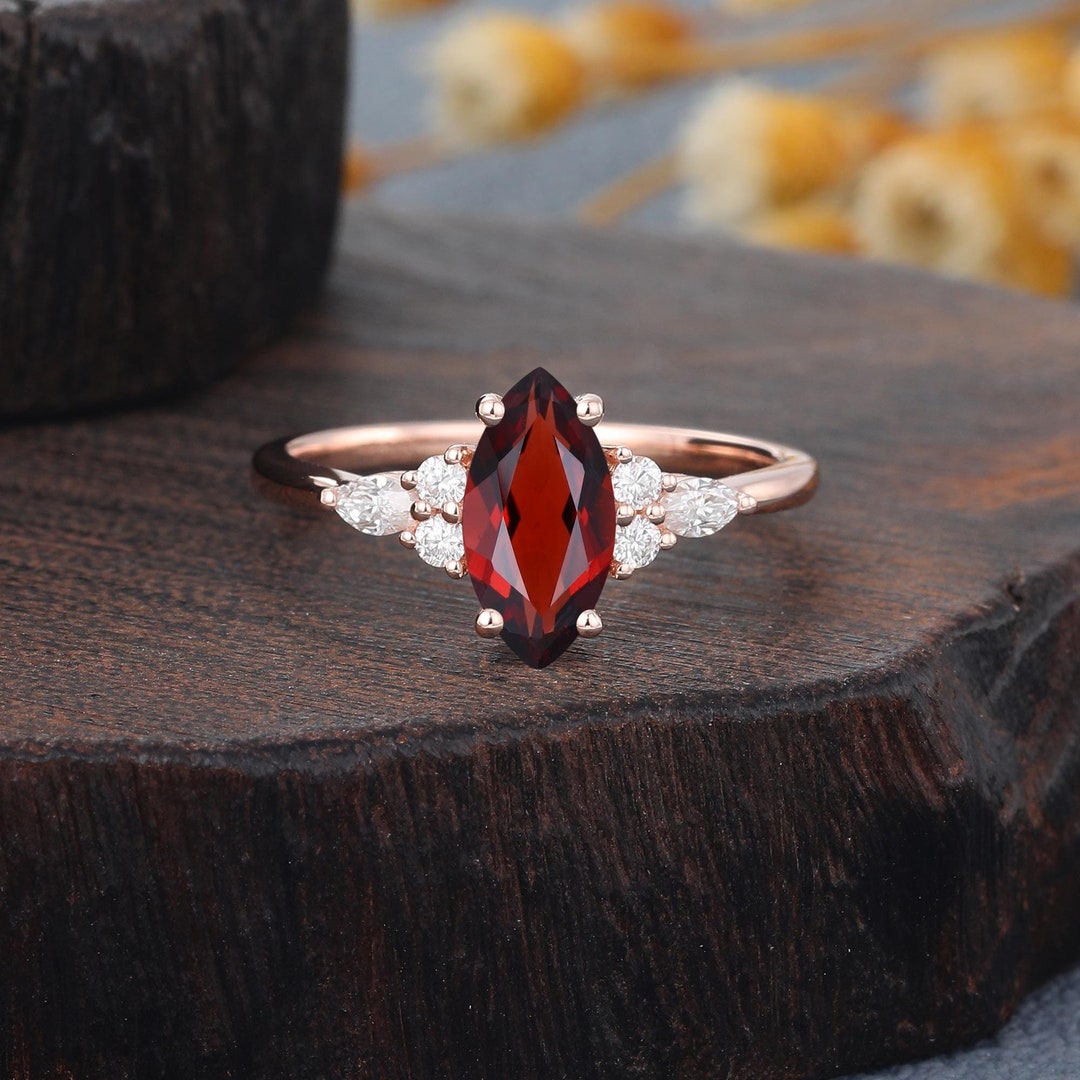 Marquise Cut Garnet Engagement Ring Unique Rose Gold Engagement Ring Marquise Cut Moissanite ...