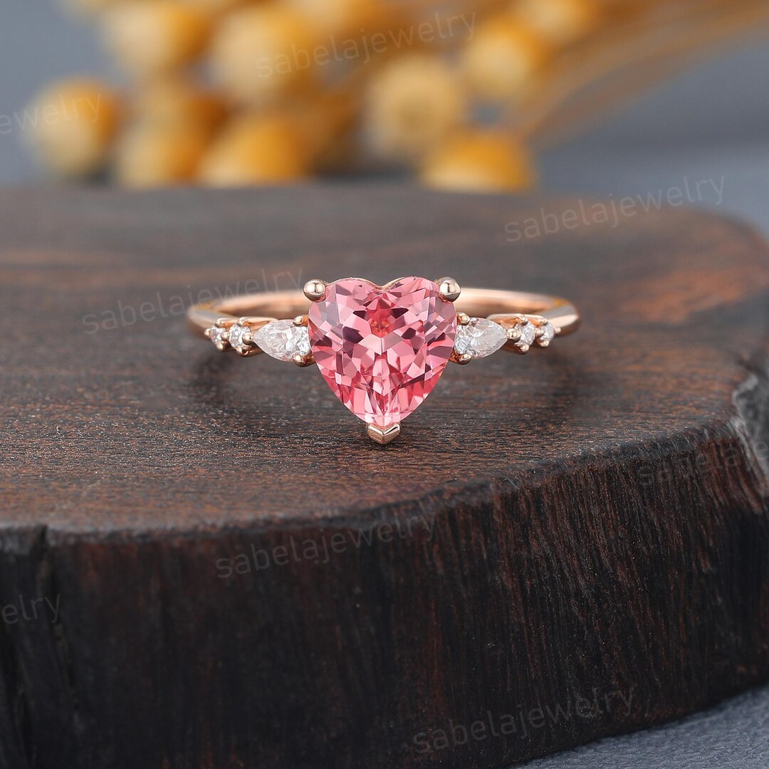 Art Deco Heart Cut Lab Grown Pink Sapphire Engagement Ring Solid Rose ...