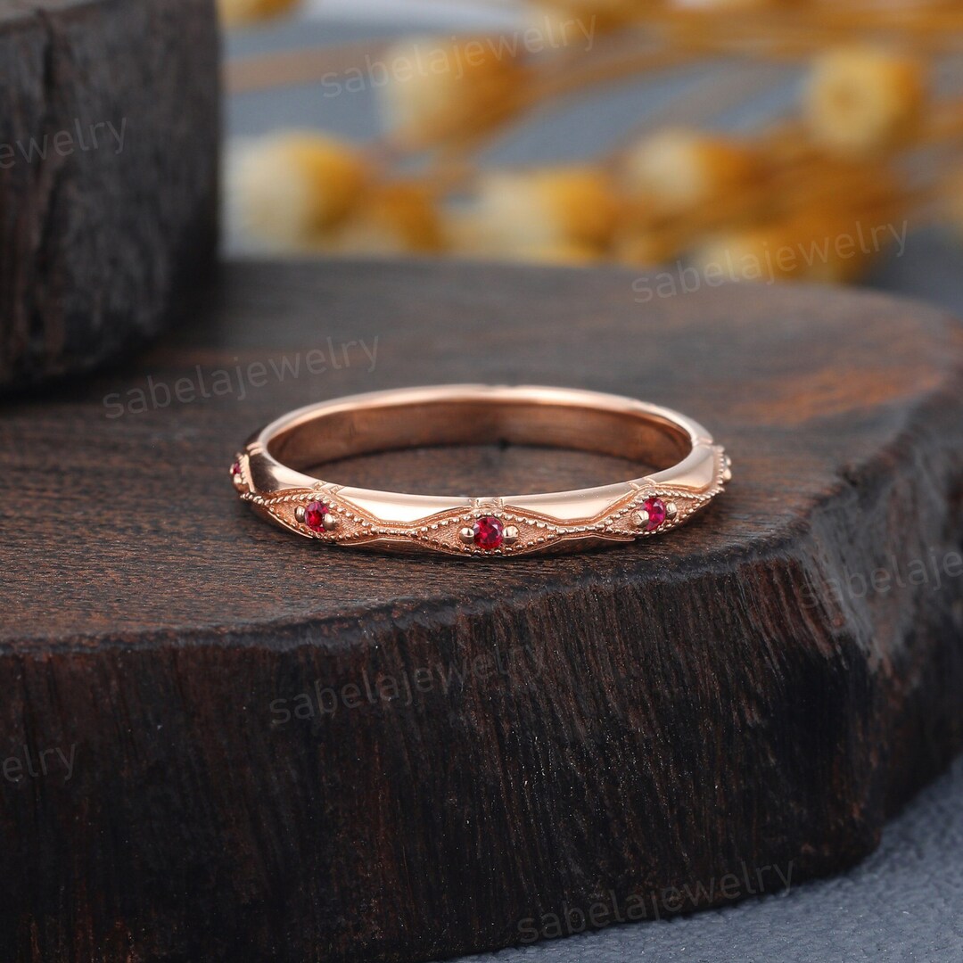 Unique Natural Ruby Wedding Band Vintage 14K Rose Gold Wedding Band Stacking Band Matching Band ...
