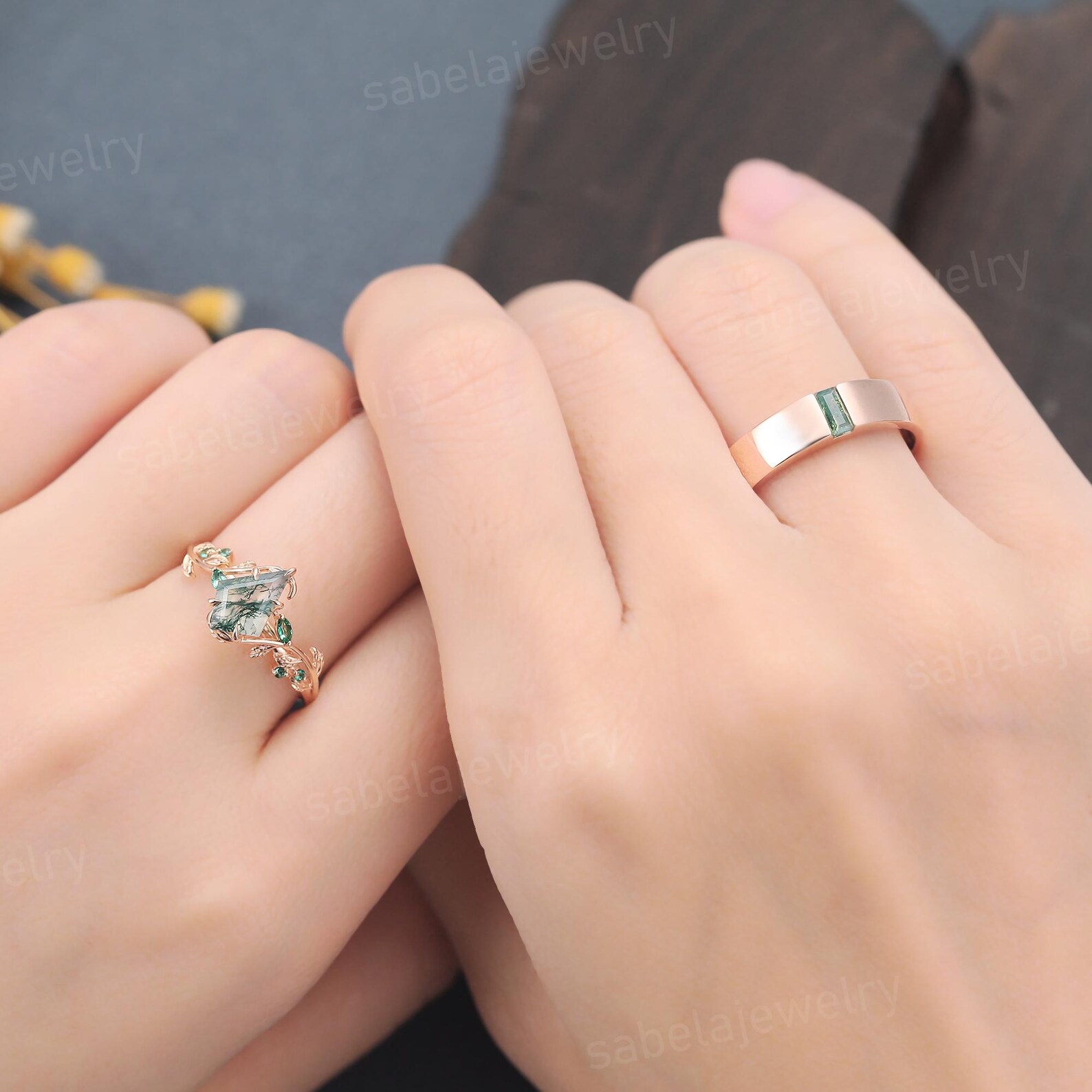 Moss Agate Couple Rings Set Nature Inspired Rose Gold Leaf Lab Emerald ...
