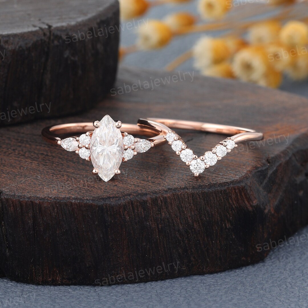 Marquise Cut Moissanite Engagement Ring Set Vintage Rose Gold Bridal ...