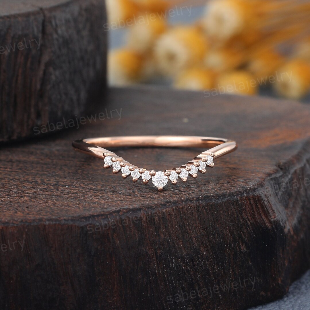 Moissanite Curved Wedding Band Vintage 14k Rose Gold Diamond Wedding ...