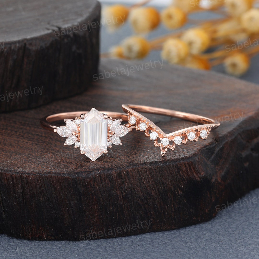 Elongated Hexagon Cut Moissanite Engagement Ring Set Unique Rose Gold ...