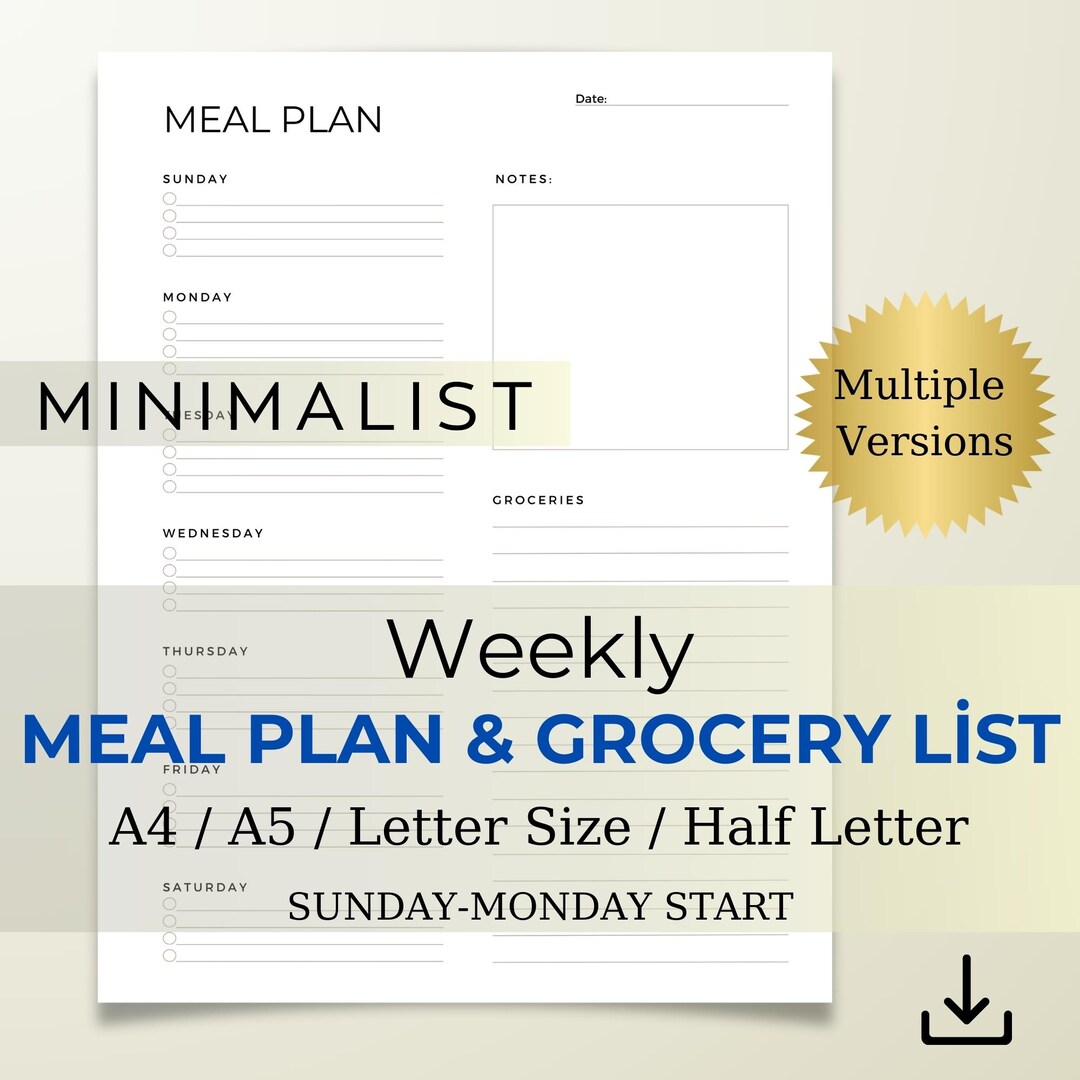 Weekly Meal Planner With Grocery List Printable Template, Minimalist ...