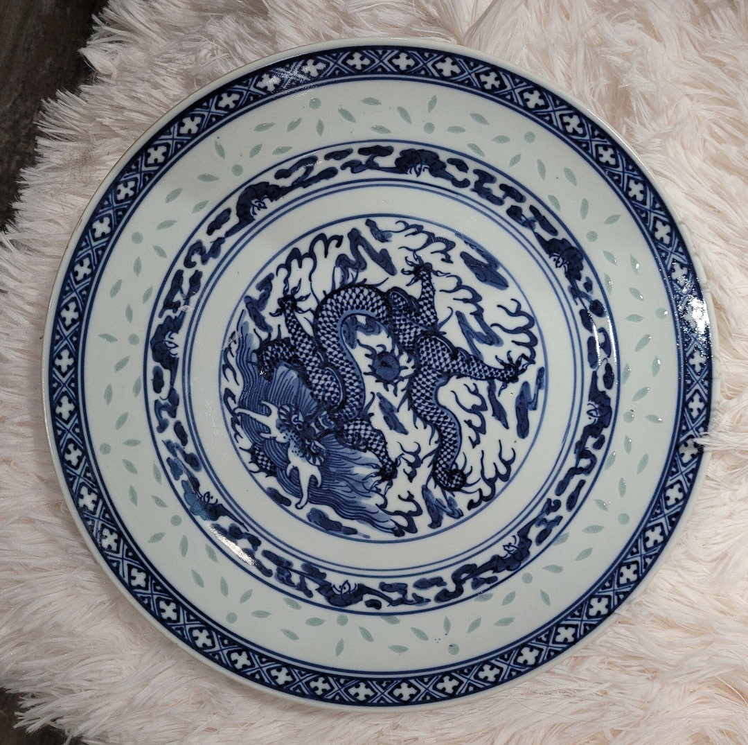Ming Dynasty Style Blue Porcelain Plate: Two Dragons, Rice Grain Border ...