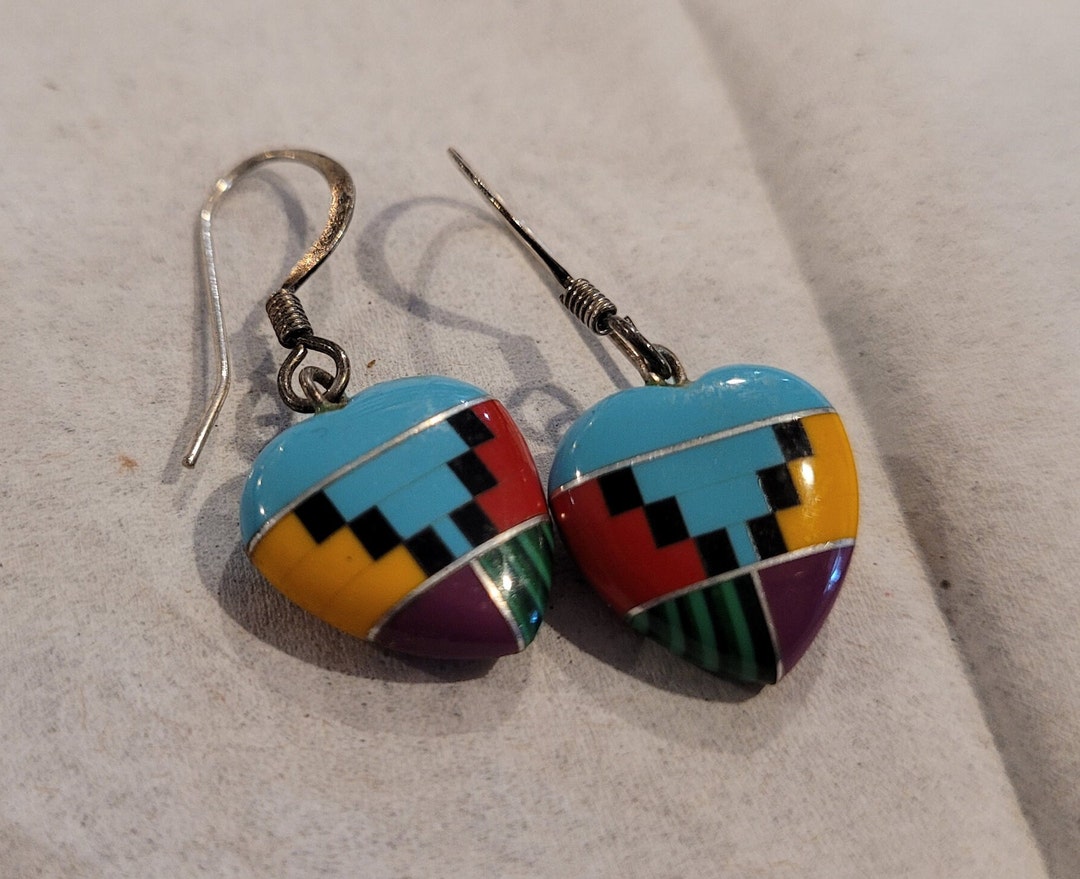 Vintage Native American Heart Shaped Inlaid Dangle Earrings for Pierced ...