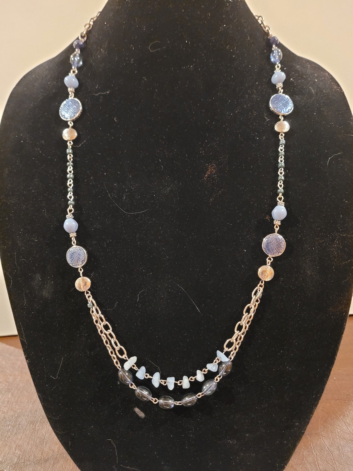 Blue and Silver Chain and Bead Necklace - Etsy