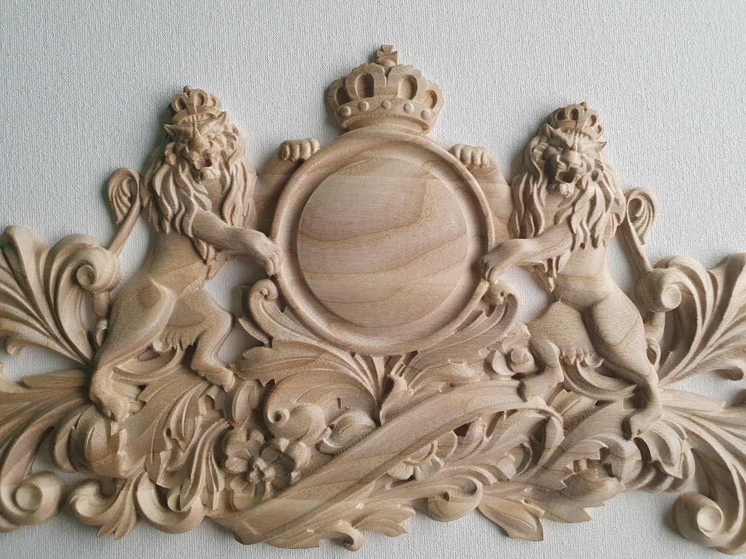Wooden Coat of Arms Plaque With Crowned Lions, Home Wall Embellishments ...