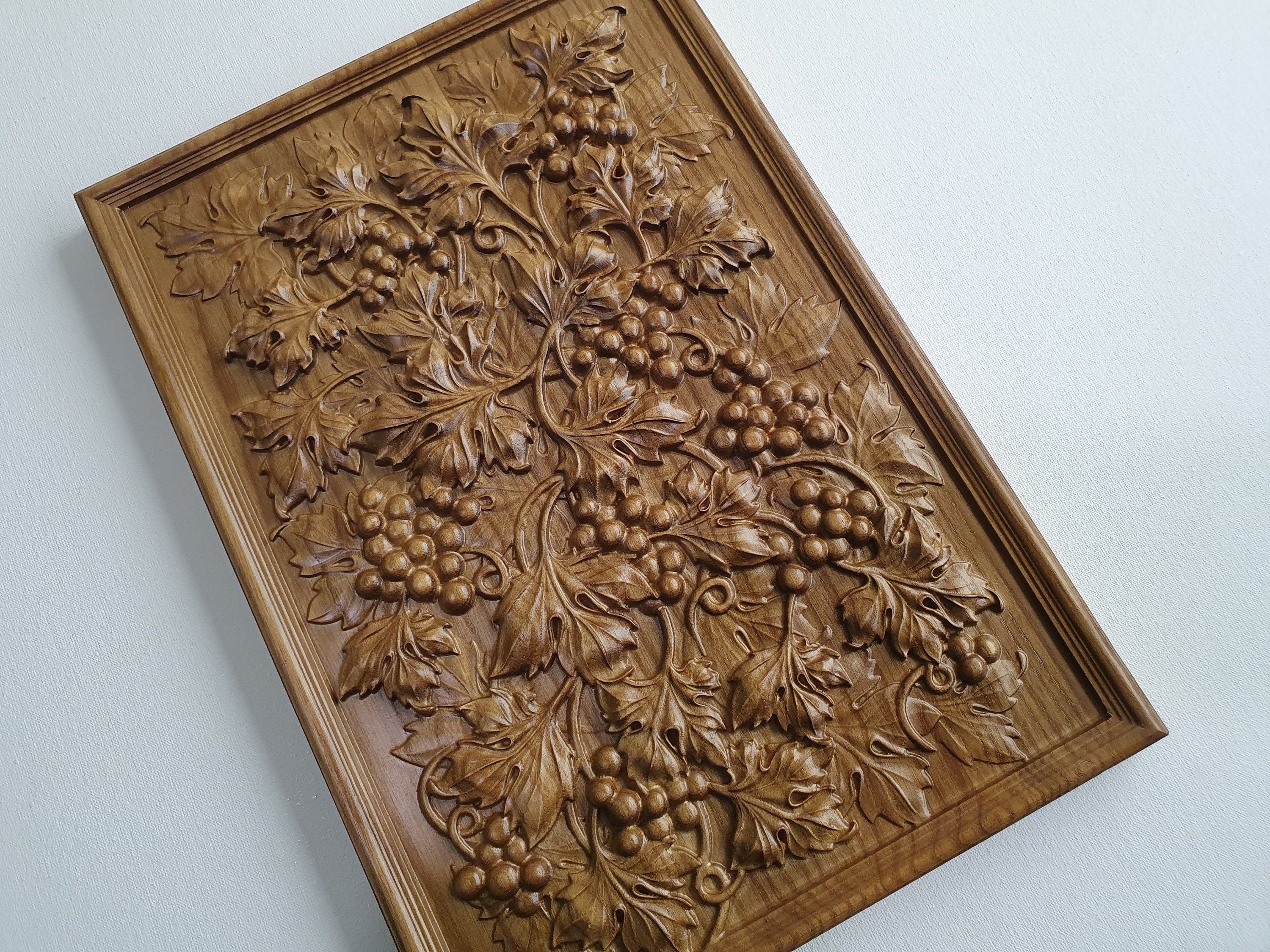 Intricately Carved Grape Vine Wood Panel – Natural Wood Wall Art for ...