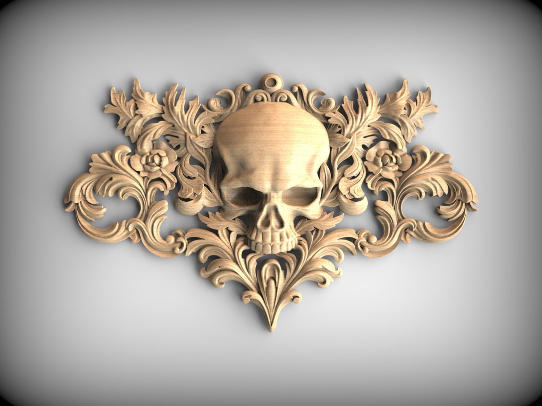 Gothic Wooden Skull Onlay – Carved Decorative Floral Ornament for ...