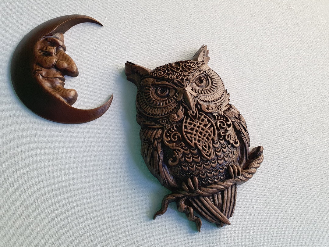 Viking Owl, Celtic Owl and Half Moon Face, Wall Hanging Sculpture ...