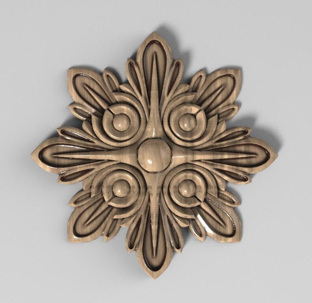 Carved Wooden Floral Rosette – Ornate Star-shaped Decorative Applique ...